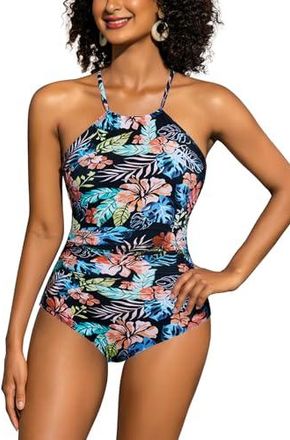 SHEKINI Maillot de Bain Femme 1 Pieces avec Bretelles R&eacute;glables Ventre Plat Sexy Swimsuit Vintage Imprim&eacute; Swimwear