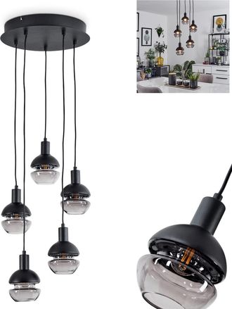 HOFSTEIN Hängeleuchte Ventosa, Hängelampe aus Metall/Glas in Schwarz/Rauchfarben, Leuchte 5-flammig im Vintage/Retro Design mit Schirmen aus Rauchglas (Ø 11 cm