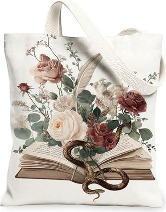 Generic Sacs fourre-tout en toile motif floral serpent, sacs r&eacute;utilisables, &eacute;l&eacute;gants et l&eacute;gers, lavables avec bandouli&egrave;re en toile pour, blanc, 13x15 Inch