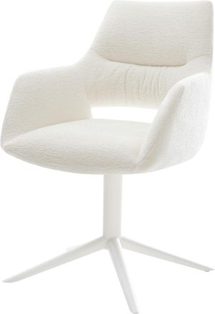 DELIFE Esszimmerstuhl Yago-Flex mit Armlehnen Fu&szlig;kreuz Wei&szlig; Boucl&eacute; Soft Beige 360&deg; drehbar Wippfunktion Taschenfederkern
