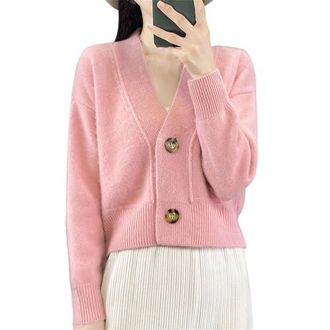 Generic Cardigan pour femme 100 % laine m&eacute;rinos col en V manches longues cachemire tricot hiver pull vintage tops, rose, Taille S