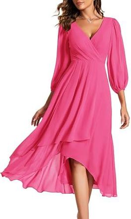 Ever-pretty Robe de Soirée Femme A Line High Low Col V Manches Longues pour Mariage Chic Rose Rouge 48