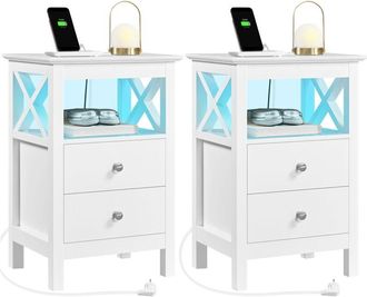 Yaheetech Yaheetech Lot de 2 Tables de Chevet avec Station de Charge Bande LED Ajustable 2 Tiroirs Table dAppoint pour Canap&eacute; Chambre Salon Blanc