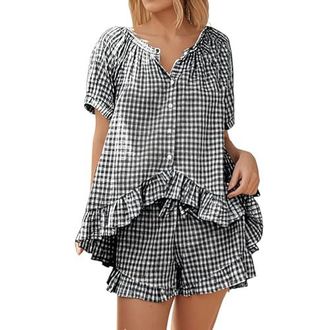 Generic Ensemble de pyjama 2 pièces à carreaux pour femme en coton bouffant, chemise à volants et pantalon vichy, Noir, XXL