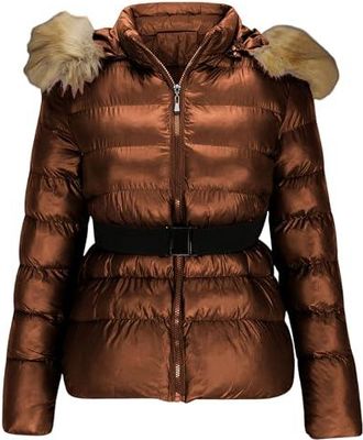 Generic Doudoune dhiver pour femme, manteau en duvet avec capuche en fourrure, doudoune courte et chaude, coupe ajust&eacute;e, parka dhiver couleur caf&eacute; fonc&eacute;, tail