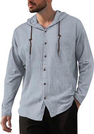 Generic Chemise en lin &agrave; capuche pour homme - T-shirt surdimensionn&eacute; en coton - T-shirt dentra&icirc;nement &agrave; boutons - T-shirt &agrave; manches longues d&eacute;contract&eacute; - Coup