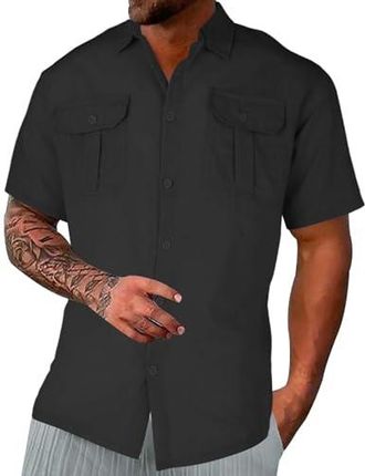Generic Chemise daffaires boutonn&eacute;e pour homme Chemise &agrave; revers en coton et lin pour homme Chemise courte &agrave; revers en coton et lin pour homme Blanc Double man