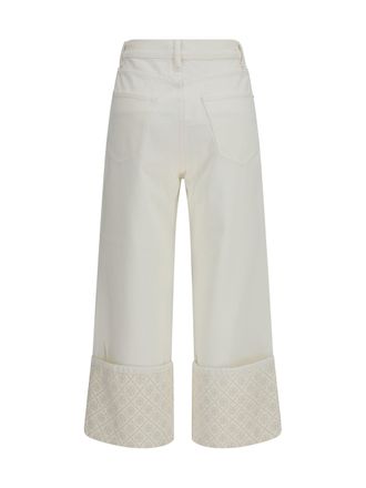 Tory Burch Womens T Monogram Contrast Cuff Straight-Leg Jeans White Cotton