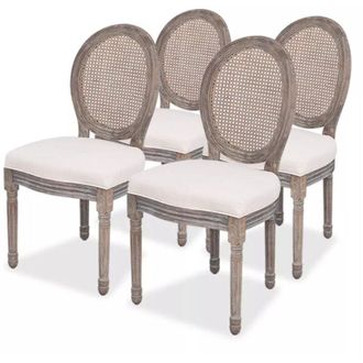Les Tendances Chaise m&eacute;daillon lin beige et dossier en rotin Makin - Lot de 4
