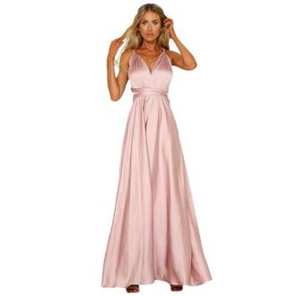 Jamron Femme El&eacute;gant Col en V Profond Robe Satin de Soir&eacute;e Multi Way Robe Portefeuille Robe de Bal Maxi Longue Rose SN0703227 S