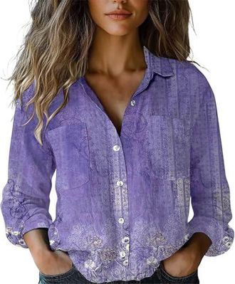 Generico Chemise Femme &Eacute;l&eacute;gant Manches Longues T Shirt Coton Et Lin Curvy Respirant Chemises Col en V Classique Blouse Vintage Fantaisie avec Boutons Doux Chem