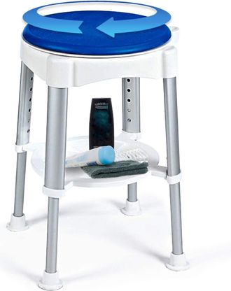 Maximex Badhocker, Rutschsicherer Duschhocker für Senioren mit Anti-Rutsch-Füße & praktischer Ablage, 7-Fach höhenverstellbarer Duschstuhl mit drehbarer Sitzf
