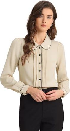 Allegra K Chemisier de Travail décontracté à col Claudine pour Femmes Kaki Clair S