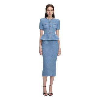 Self Portrait Femme, Robes, Bleu, Taille: 40 FR Peplum Knit Midi Dress
