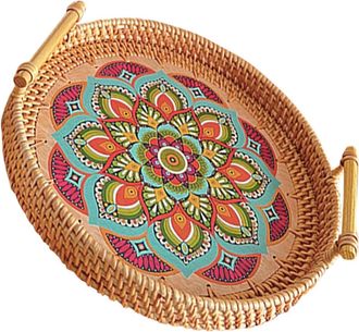 Milisten Rundes Rattan Serviertablett mit Mandala Muster Gro&szlig;es Fr&uuml;hst&uuml;ckstablett mit Griffen Vielseitig Einsetzbares Aufbewahrungstablett f&uuml;r Speisen und Deko