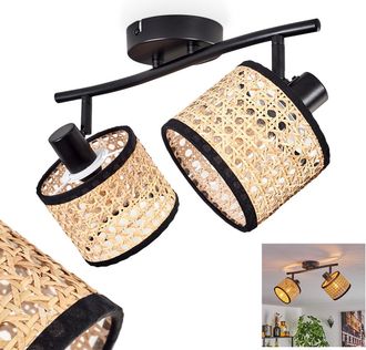 HOFSTEIN Deckenleuchte Ramila, moderne Deckenlampe aus Metall/Rattan/Wiener Geflecht in Schwarz/Natur, 2-flammig, mit verstellbaren Strahlern, Leuchte im Boho-