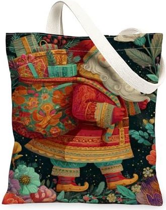 Generic Sacs fourre-tout en toile motif floral de P&egrave;re No&euml;l, sacs d&eacute;picerie r&eacute;utilisables, l&eacute;gers et lavables avec bandouli&egrave;re, Rouge, 13x15 Inch