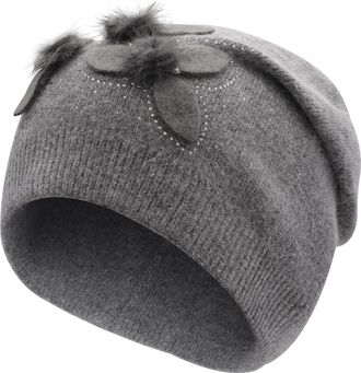 ZLYC Damen Strickm&uuml;tzen M&uuml;tze Doppellagig mit Blumenmuster Skull Cap(DREI kleine Pom-Blumen Grau),Einheitsgr&ouml;&szlig;e