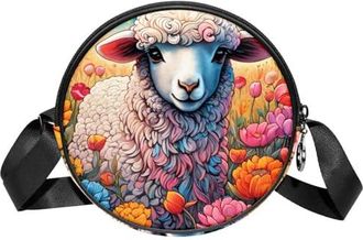 Generic Petit sac &agrave; bandouli&egrave;re rond pour femme, motif mouton color&eacute; avec fermeture &eacute;clair, bretelles r&eacute;glables, sac &agrave; main rond d&eacute;contract&eacute; pour femmes et fi