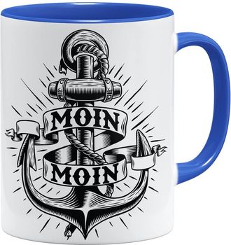 OM3 Moin Moin Anker Kaffee-Tasse - Keramik Becher - 11oz 325ml - Beidseitig Bedruckt - Blau