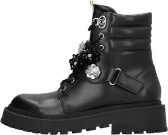Liu Jo Militärstiefel mit Kristallblumen, Schwarz, Leder, Gummisohle, Kampfstil, Schwarz, 37 EU