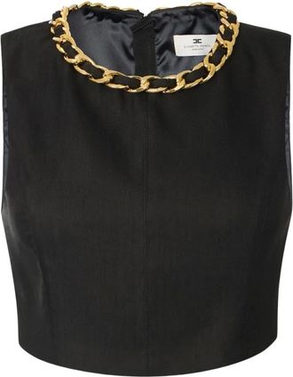 Elisabetta Franchi Femme, Blouses et Chemises, Noir, Taille: 36 FR Haut en m&eacute;lange de lin avec cha&icirc;nes de bijoux