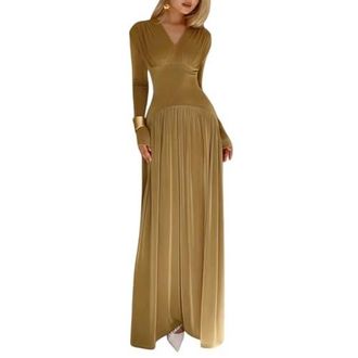 Generic Nouveau style dhiver &eacute;l&eacute;gant cintr&eacute; taille longue robe &agrave; manches longues mode velours brillant demoiselle dhonneur col en V robe longue ligne, kaki, X
