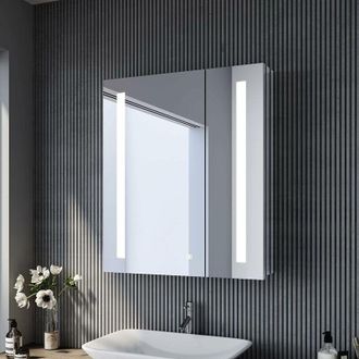 Sonni Edelstahl LED Spiegelschrank mit Beleuchtung 60x70cm,Touch+Steckdose,Drahtloses Scharnier Design