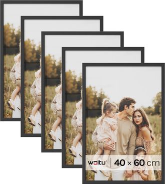 Woltu Bilderrahmen 40x60 cm | Schwarzer MDF Holz Fotorahmen mit Passepartout | 5er Set Holzrahmen mit bruchsicherem Acrylglas | Rahmen zum Aufhängen & Aufst