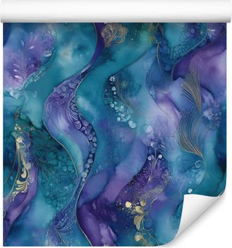 OEM Carta Da Parati Effetto Inchiostro Blu, Turchese, Blu Navy E Viola 50x1000 Cm