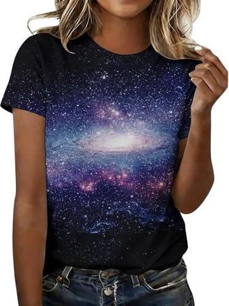 Generic T-shirt imprim&eacute; galaxie &agrave; manches courtes et col rond pour femme - T-shirt graphique doux et l&eacute;ger - Haut d&eacute;contract&eacute; pour festivals, voyages, gym, st