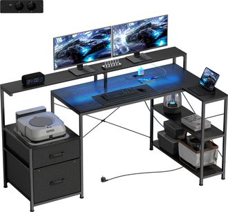 HOMCOM Gaming Tisch L-f&ouml;rmiger 165 x 80 cm Schreibtisch mit LED & Steckdosen, Computertisch mit Doppelmonitorst&auml;nder, 2 Schublade, Ablagef&auml;cher, f&uuml;r Home Off