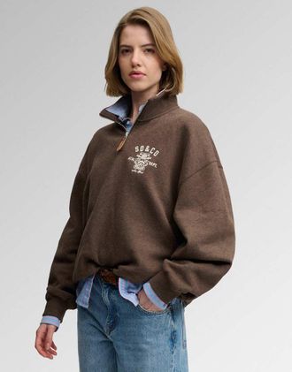Superdry sweat-shirt demi-zip Country club en marron chocolat fonc&eacute; chin&eacute;