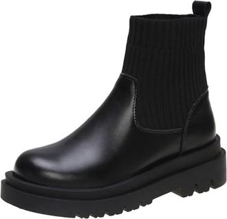 Generic Bottines Femme Elegant Plates Bout Rond Cuir Patchwork Tricoté Extensible Chaussette Bottes Courtes À Enfiler Semelle Épaisse Antidérapante Légères Ch