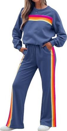Generico Ensemble 2 pi&egrave;ces pour femme avec rayures arc-en-ciel, sweat taille haute et pantalon de surv&ecirc;tement, B Bleu, XL
