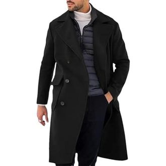 Generic Manteau dhiver décontracté mi-long en laine pour homme, col rabattable, double boutonnage, veste solide avec poche, noir, Medium