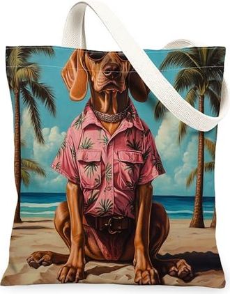 Generic Sac fourre-tout en toile motif chien de plage Bloodhound pour faire du shopping 33 x 38,1 cm, sac &agrave; bandouli&egrave;re r&eacute;utilisable pour femme, peinture dani