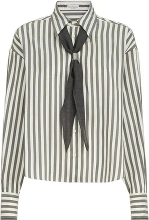 Brunello Cucinelli Striped Silk Poplin Shirt With Virgin Wool Foulard