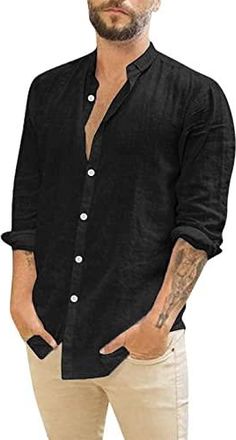 Generic Chemises en lin pour hommes, hauts &agrave; col montant pour hommes et adultes avec col rond et ourlets roul&eacute;s, chemise boutonn&eacute;e, d&eacute;contract&eacute;e, &eacute;l&eacute;gante, &agrave; 