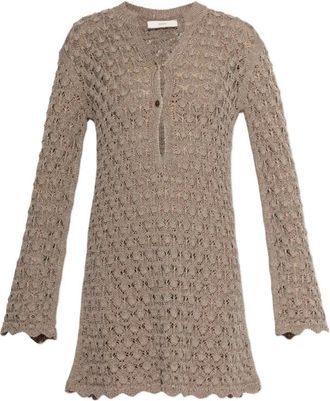 Akep Femme, Robes, Beige, Taille: 42 FR Robe Longue &agrave; Manches Longues Crochet&eacute;e