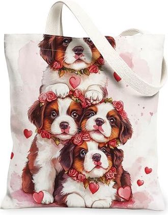 Generic Sac fourre-tout en toile motif chien St. Bernard pour le shopping 33 x 38 cm, sac &agrave; bandouli&egrave;re amusant et r&eacute;utilisable pour femme, peinture danimaux 