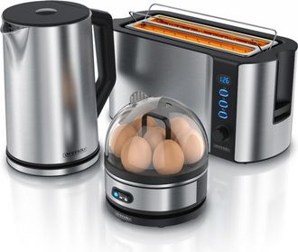 Arendo Fr&uuml;hst&uuml;cksset 3-teilig, 1,5l Wasserkocher, 4-Scheiben Langschlitz Toaster, 7er Eierkocher, Silber - Arendo