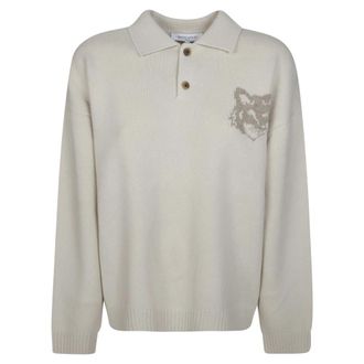 Maison Kitsun&eacute; Pull Polo en Laine M&eacute;rinos Intarsia Renard - Homme - Tops - Beige - Taille: S