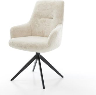 DELIFE Drehstuhl Zelia-Flex mit Armlehnen Pl&uuml;sch Creme-Wei&szlig; Kreuzgestell breit Schwarz 360&deg; drehbar Wippfunktion Taschenfederkern, Esszimmerst&uuml;hle