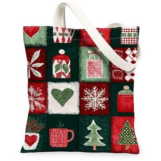 Generic Sacs fourre-tout en toile vintage pour vacances, d&eacute;corations festives, sacs d&eacute;picerie r&eacute;utilisables, sacs de No&euml;l l&eacute;gers et lavables &agrave; l&eacute;paule, Rouge,