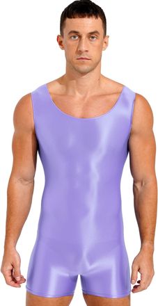 TiaoBug Herren ÖL Glanz Body Ärmellos/Kurzarm Bodysuit mit Bein Einteiler Kompression Unterwäsche Sport Trikot Leotard Violett F XL