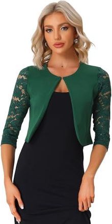 Allegra K Cardigan boléro à Manches Longues en Dentelle Florale pour Femme, Ouvert sur Le Devant, pour Le bureauVert foncé XS