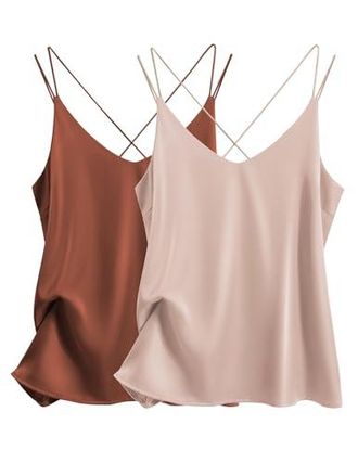 Ekouaer Top da Donna Elegante, in Raso, Senza Maniche, 2 pezzi, S-XXL, Caramello+Champagne, XL