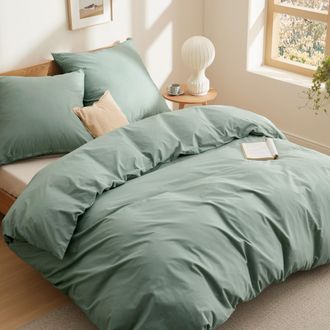 Bedsure Bettw&auml;sche 200x200 Baumwolle Gr&uuml;n - Bettw&auml;sche-Sets 200 x 200 cm Bettbezug 3teilig mit 2 Kissenbez&uuml;ge 80x80 cm, Oeko-TEX Bedding Salbeigr&uuml;n mit Rei&szlig;ve