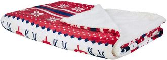 Beliani Plaid Cocooning Décoratif Ultra Doux Réversible Rouge et Blanc Motif Noël 150 x 200 cm Idéal pour lHiver Comme Jetée de Canapé et Couvre-lit Beliani